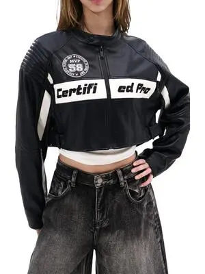 AZALEA WANG Crop Faux Leather Racing Jacket - Black