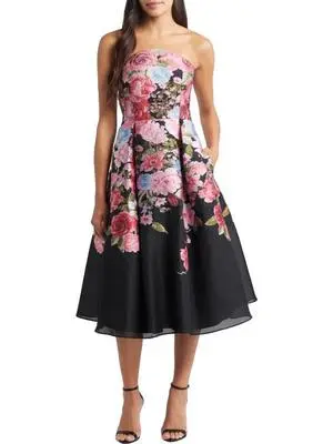 Eliza J Pleated Strapless Jacquard Cocktail Dress - Black Multi