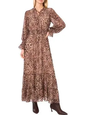 Vince Camuto Leopard Print Long Sleeve Maxi Dress - Rich Taupe