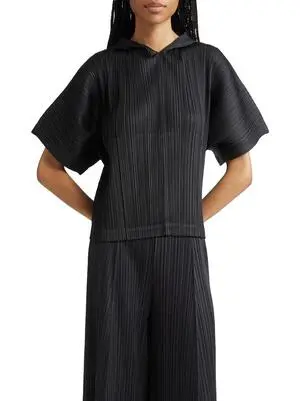 Issey Miyake Pleated Short Sleeve Hoodie - Black