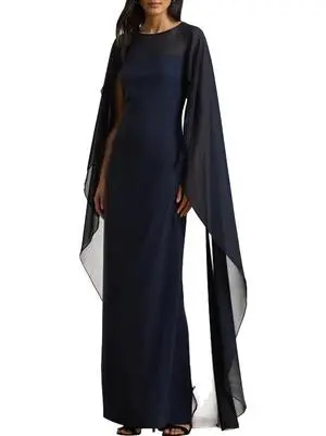 Ralph Lauren Sheer Cape Georgette Column Gown - Lauren Navy