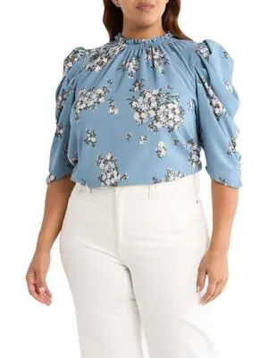 SUGARLIPS Floral Print Puff Sleeve Top - Blue/multi