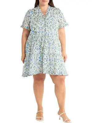 SUGARLIPS Floral Print Cotton Shift Dress - White/blue/green