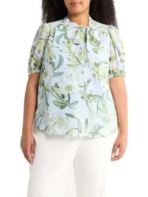 SUGARLIPS Serenade Floral Tie-neck Top - Blue/white/greens