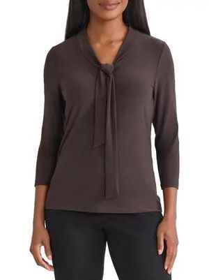 KASPER Tie Neck Top - Rich Chocolate