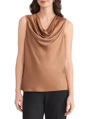 KASPER Cowl Neck Satin Top - Dark Camel