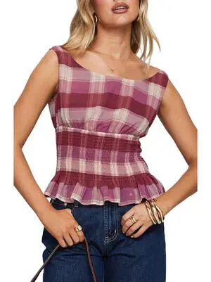 Princess Polly Plaid Smocked Waist Peplum Top - Pink Check