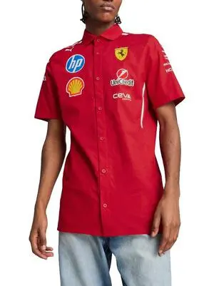 PUMA Scuderia Ferrari 2025 Team Short Sleeve Stretch Cotton Poplin Button-up Shirt - Dark Cherry