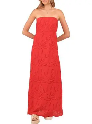 PETAL & PUP Annika Eyelet Strapless Maxi Dress - Red