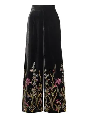 Loretta Caponi Cipro Embroidered Velvet Straight-leg Pants - Black