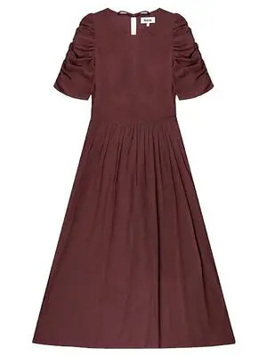 RO&ZO Round-neck Puff-sleeve Cotton Midi Dress - Chocolate