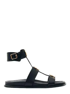 ALOHAS Clarissa Embellished Leather Flat Sandals - Black Leather