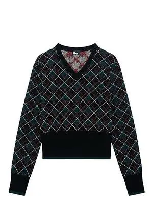 The Kooples Checked V-neck Stretch-knit Jumper - Black Dark Green