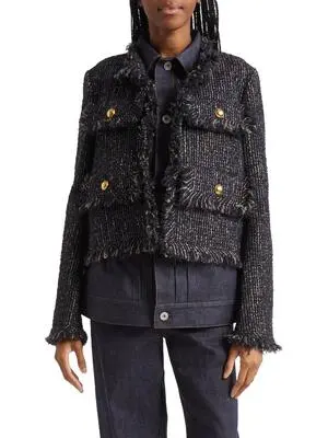 Sacai Tweed And Denim Layered Jacket - Navy/indigo