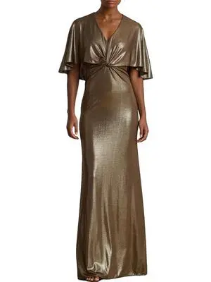 Ralph Lauren Metallic Twist-front Capelet Gown - Dark Taupe/light Gold Foil
