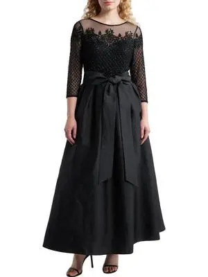 Pisarro Nights Illusion Neck Beaded A-line Taffeta Gown - Black