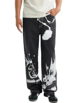 SANTO STUDIO Medici Prato Graphic Baggy Jeans - Black Stone Washed