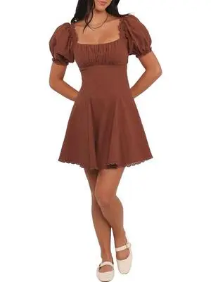 PETAL & PUP Anora Puff Sleeve Mini Dress - Cognac