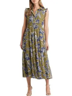 Anne Klein Sleeveless Metallic Floral Print Shirtdress - Hunter Olive Multi
