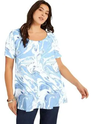 JUNE + VIE Short Sleeve Swing Tunic - Pale Blue Marble