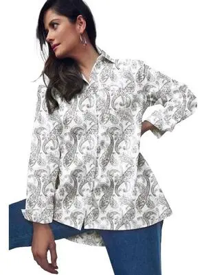 JESSICA LONDON Wrinkle-free Stretch Cotton Oversized Shirt - White Classic Paisley