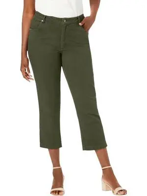 JESSICA LONDON Classic Cotton Denim Capri - Dark Olive Green