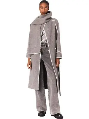 Maje Long Double-faced Coat With Integrated Scarf - Grey/white