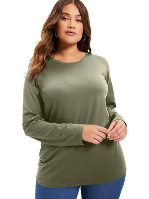 JUNE + VIE Long-Sleeve Crewneck T-Shirt Dark Olive Green