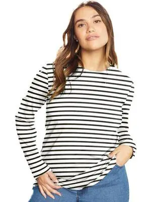 JUNE + VIE Long-sleeve Crewneck T-shirt - White Black Stripes