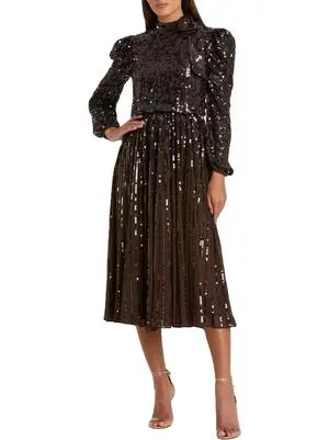 Mac Duggal Long Sleeve Sequin Tea Length Dress - Dark Chocolate