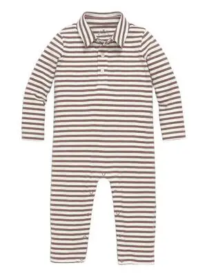 PRIMARY Baby Long Sleeve Polo Romper In Mini Stripe - Ivory Acorn Stripe