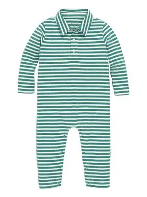 PRIMARY Baby Long Sleeve Polo Romper In Mini Stripe - Ivory Sunwashed Teal Stripe
