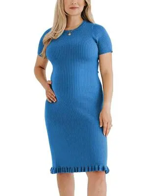 MARION Short Sleeve Knit Maternity Sweater Dress - Blue