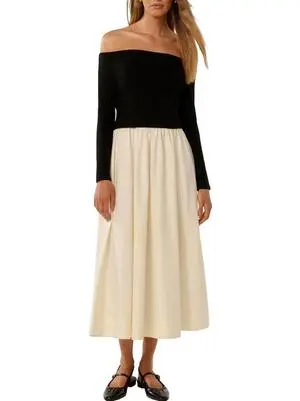 EVER NEW Savannah Off-the-shoulder Long-sleeve Midi Dress - Black/cream