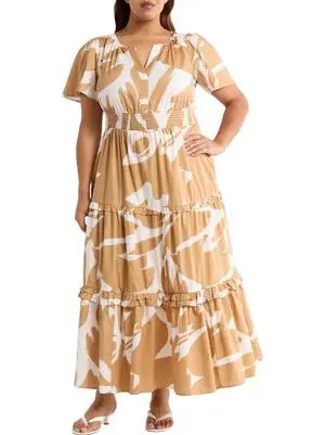 SUGARLIPS Tiered Cotton Maxi Dress - Camel/multi
