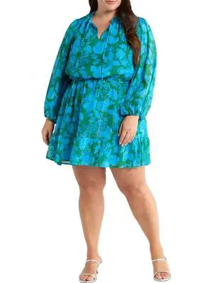SUGARLIPS Amren Floral Metallic Georgette Minidress - Cerulean Blue/green
