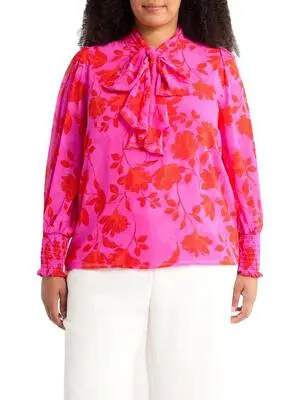 SUGARLIPS Kensie Etienne Floral Tie Neck Top - Fuchsia Pink/red