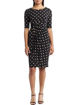 CONNECTED APPAREL Polka Dot Faux Wrap Dress - Black/camel