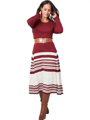 JESSICA LONDON Fit And Flare Knit Sweater Dress - Rich Burgundy Ivory