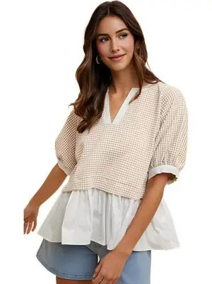 KNIT & LOUNGE Grid Blouse With Ruffle Hem - Beige