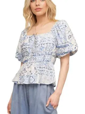 KNIT & LOUNGE Puff Sleeve Peasant Top - Blue Patchwork