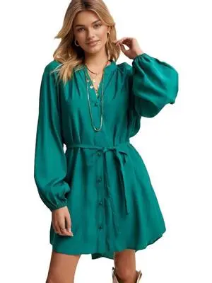 KNIT & LOUNGE Belted Button-up Mini Dress With Bishop Sleeves - Emerald