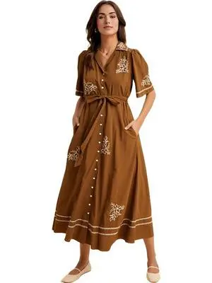 KNIT & LOUNGE Embroidered Button-down Maxi Dress With Tie - Brown