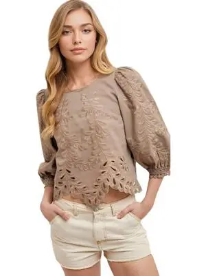 KNIT & LOUNGE Embroidered Puff Sleeve Blouse With Scalloped Hem - Taupe
