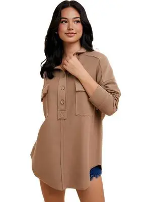 KNIT & LOUNGE Button-up Tunic Shirt With Patch Pockets - Beige