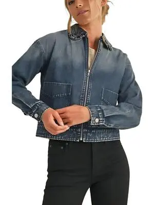 KNIT & LOUNGE Cropped Zip-front Denim Jacket - Dark Denim Blue