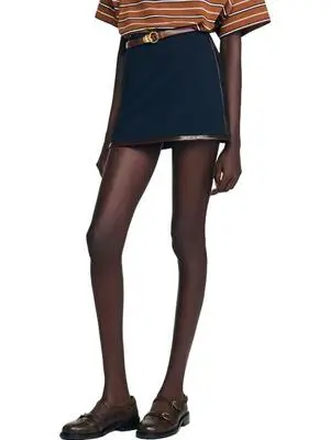Sandro Short Skirt With Leather Bands Navy Blue