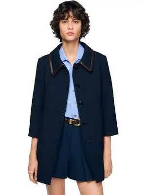 Sandro Leather Trimmed Coat - Navy Blue