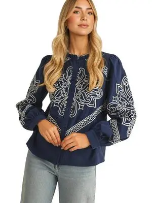 KNIT & LOUNGE Embroidered Puff-sleeve Blouse - Navy Embroidered