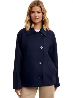 KNIT & LOUNGE Cropped Wool-blend Coat With Classic Collar And Buttons - Navy